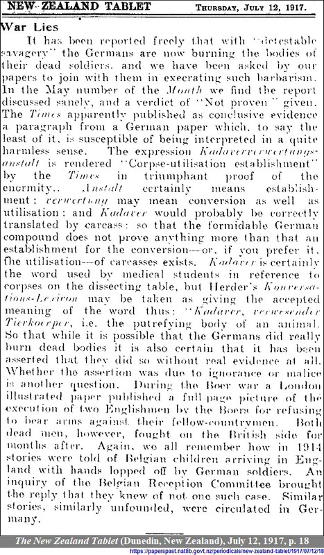 WW1 The New Zealand Tablet July 1917 Corpse Factory Story War Lies ...