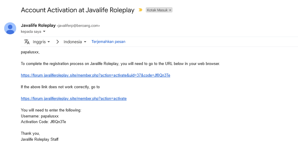Screenshot 2022 10 24 at 11 50 26 Account Activation at Javalife Roleplay bigboze26 gmail com Gm ...