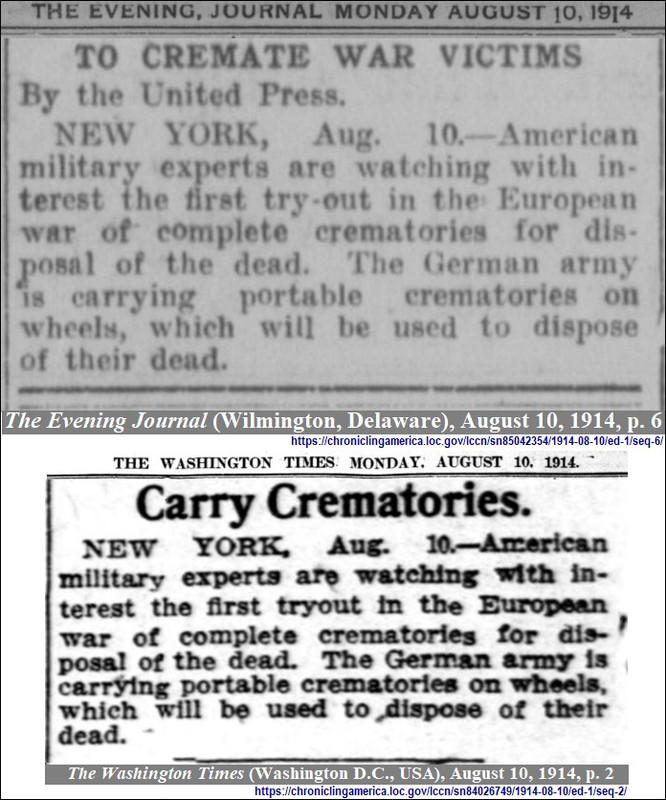WW1 U S newspapers August 1914 Corpse Factory Story To Cremate War ...