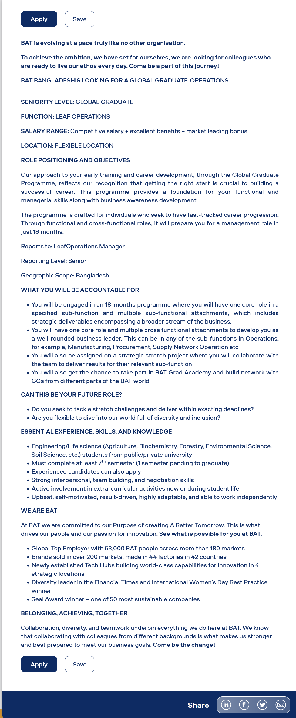 British American Tobacco BAT Job Circular 2024