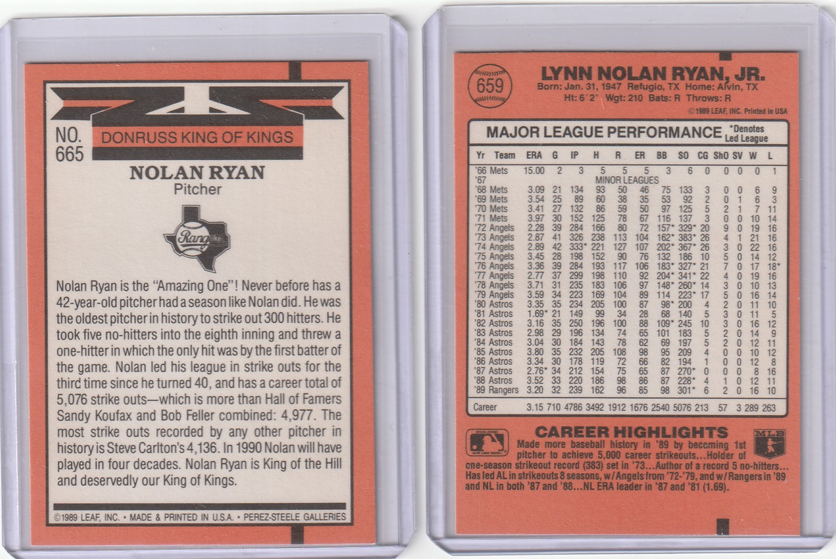 1990 Donruss Nolan Ryan King of Kings and 5000k's error cards #659 adn ...