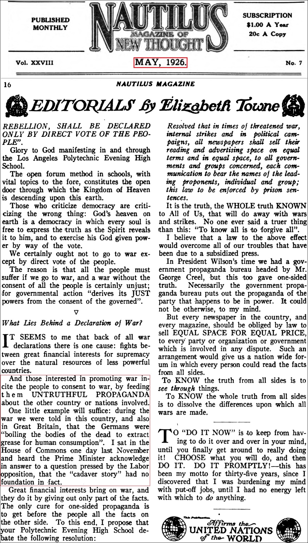 WW1 Nautilus Magazine May 1926 Corpse Factory Story incite the people ...