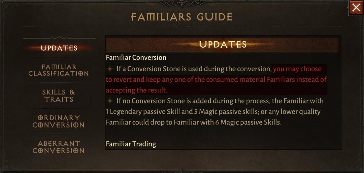 Reversion on familiar - Bug Report - Diablo Immortal Forums