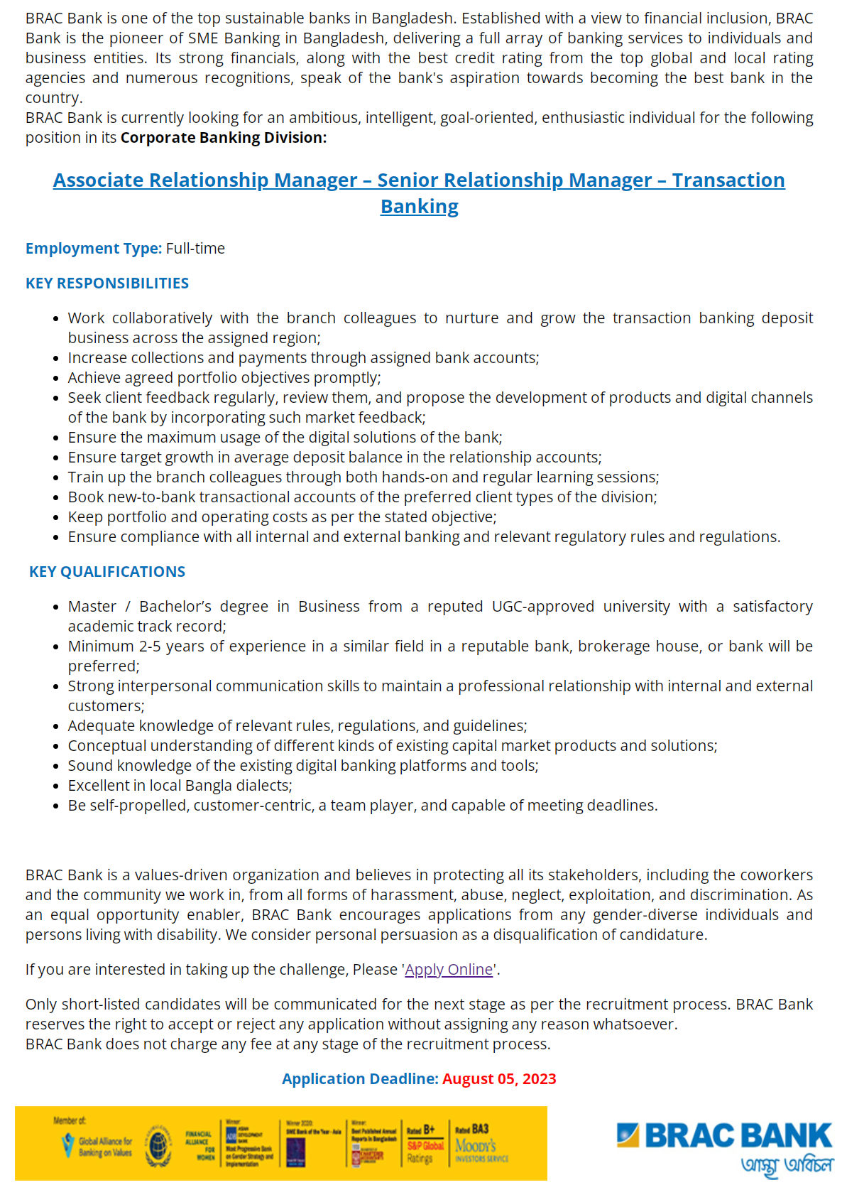 BRAC Bank Job Circular –bracbank.com-ব্র্যাক ব্যাংক-এ নিয়োগ