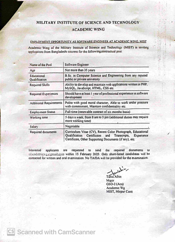 MIST Job Circular 2025 Military Institute of Science and Technology