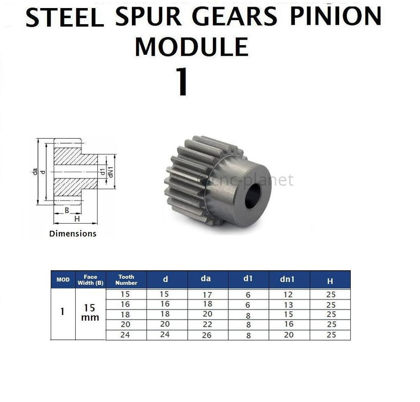 MODULE 1 15mm TOOTH FACE WIDTH EN8 STEEL SPUR GEAR PINION CNC PLASMA ...