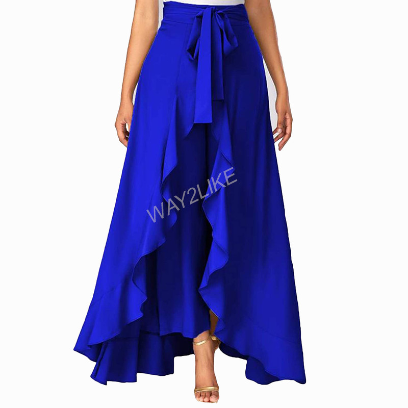Women Ruffle Pants High Waist Maxi Crepe Palazzo Night Club Cocktail ...