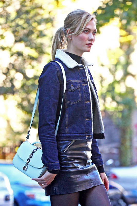karlie kloss black leather mini skirt amp denim bomber jacket ny — Postimages