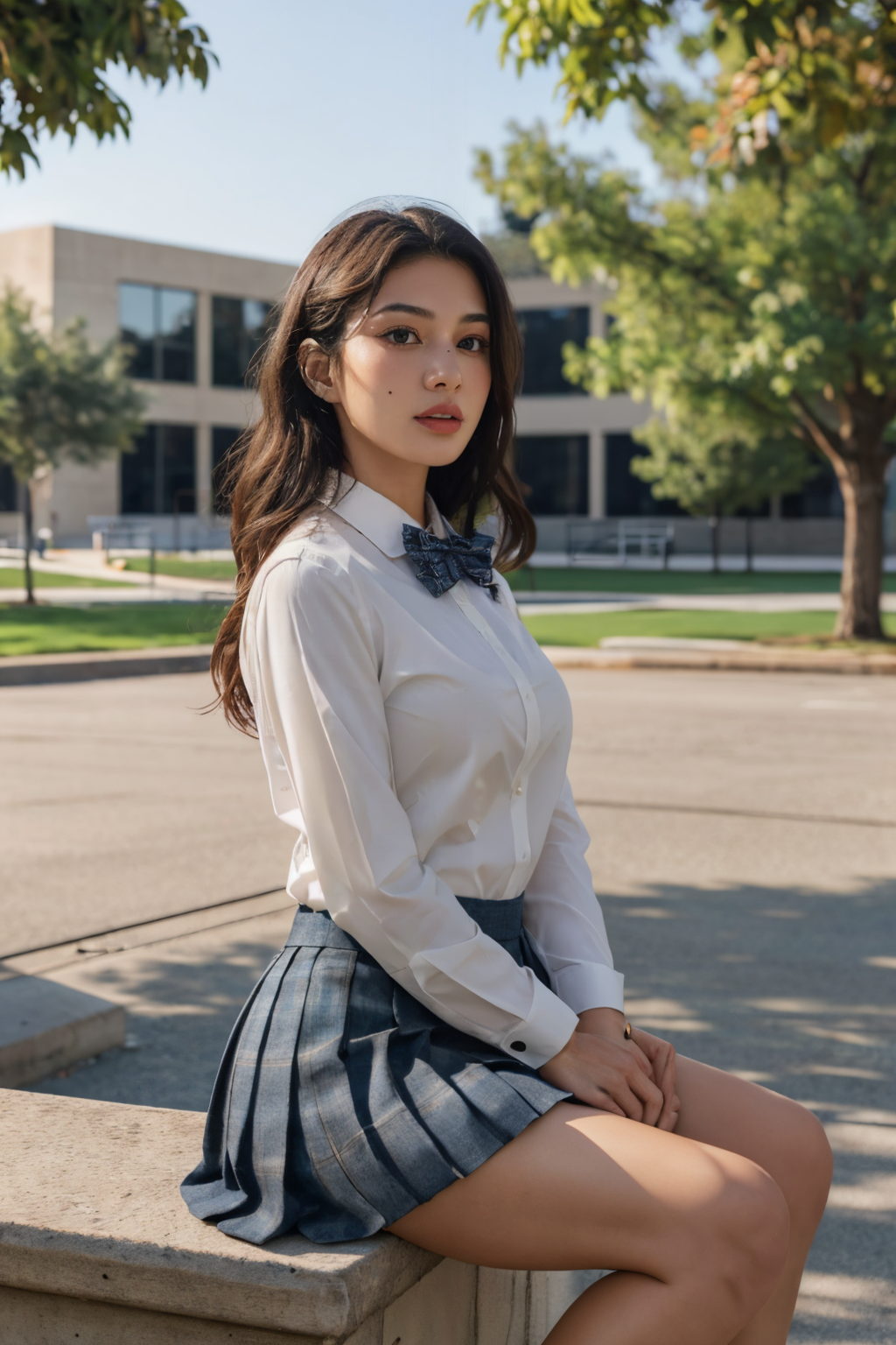 00032 3354257493 woman, beautiful face, cute, realistic, detailed, scenic view of school campus ...