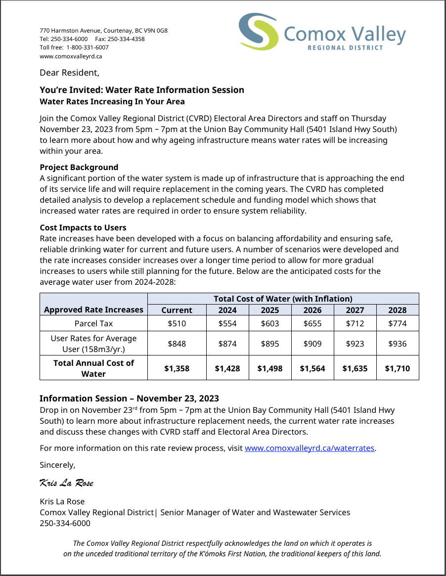 CVRD announces water rate increase for all areas due to aging ...