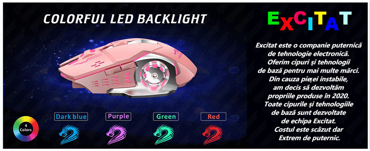 Mouse gaming, Excitat®, Receptor USB, 7 culori cu LED-uri, Mouse ...