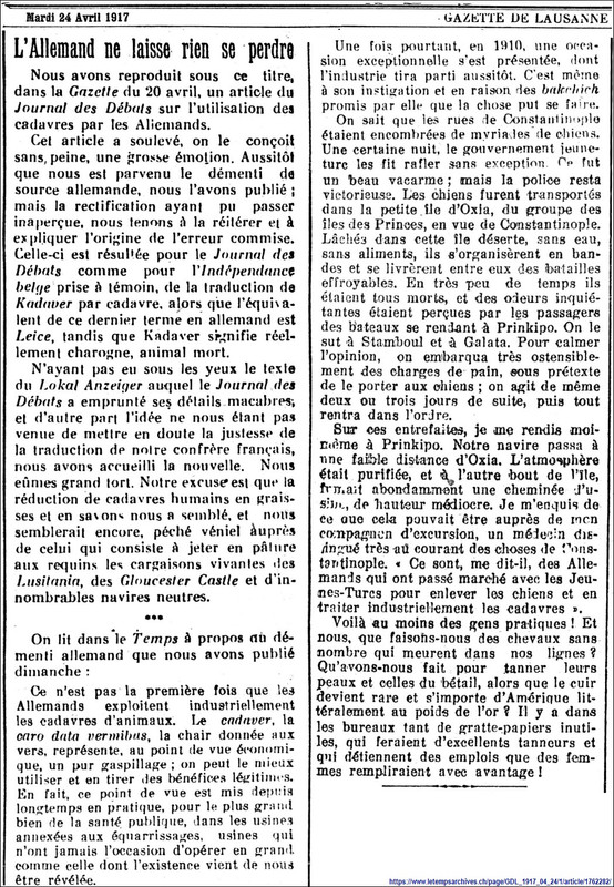 WW1 La Gazette de Lausanne April 1917 Corpse Factory Story L Allemand ...