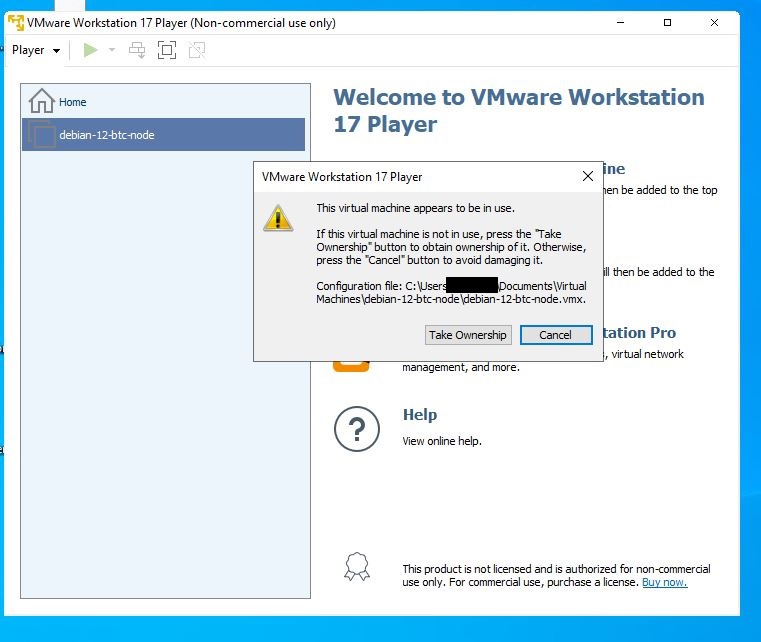 This virtual machine appears to be in use" after starting VMware Player ...