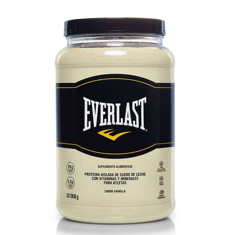 Proteína en polvo con sabor a vainilla Costco Everlast Whey Isolate 908 g.