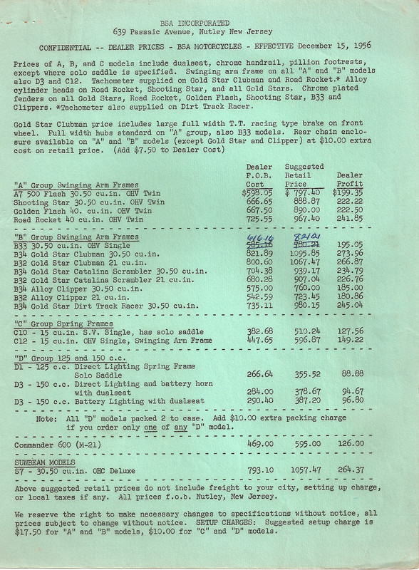 1956 BSA December 15th Price List — Postimages
