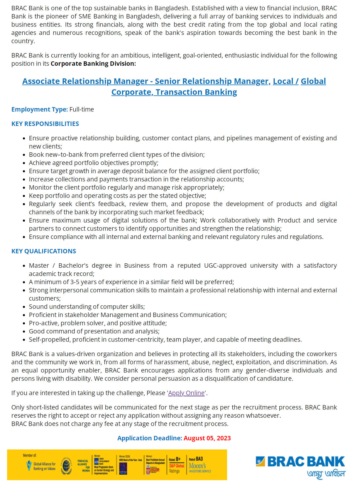 BRAC Bank Job Circular –bracbank.com-ব্র্যাক ব্যাংক-এ নিয়োগ