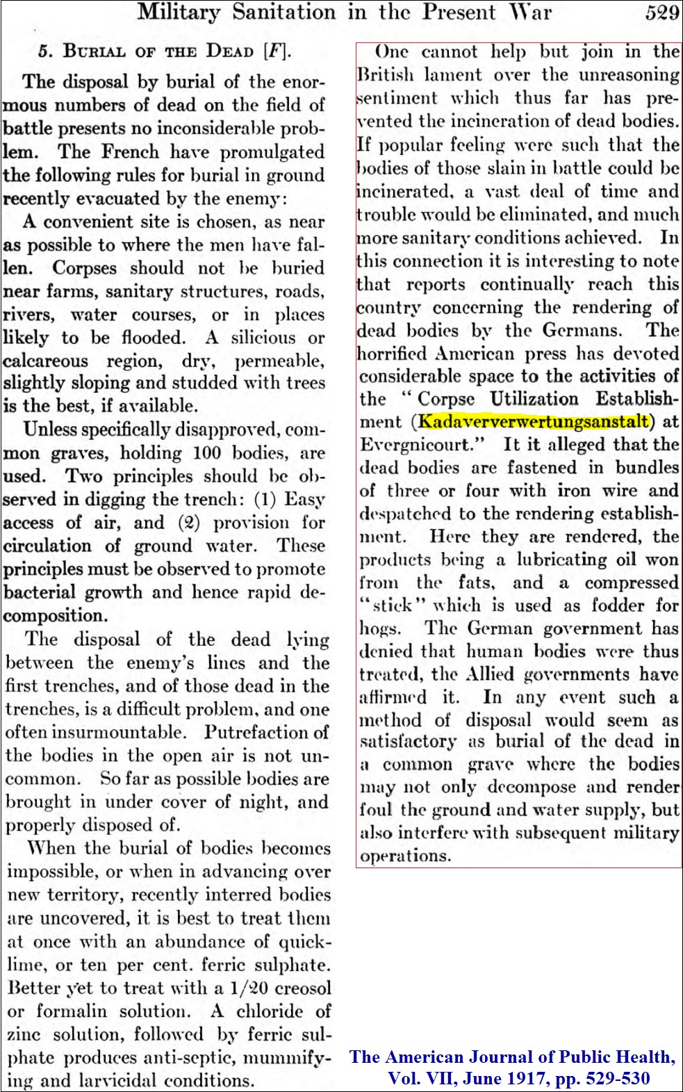 WW1 The American Journal of Public Health June 1917 Corpse Factory ...