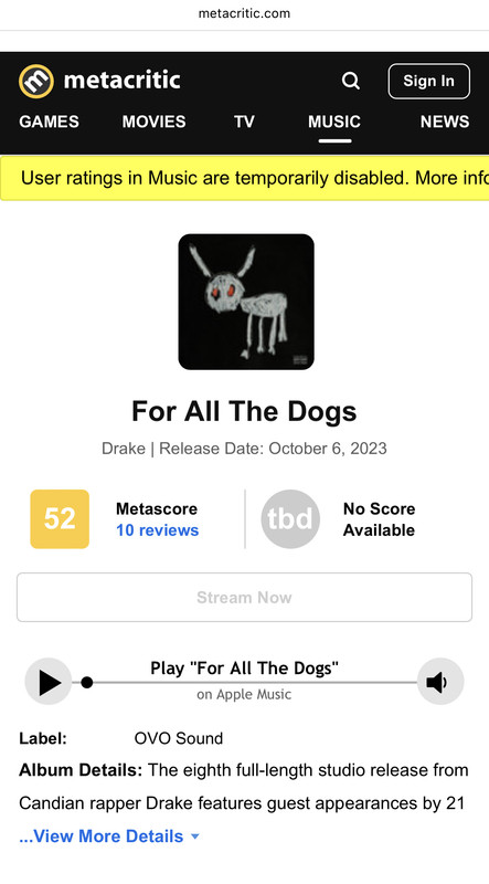 Drake’s ‘For All The Dogs’ Becomes His Lowest-Scored Album On Metacritic