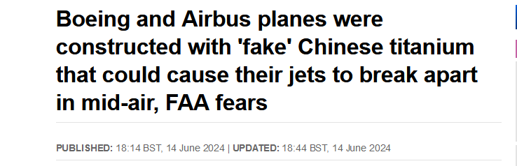 Airbus/Boeing planes used fake titanium from China