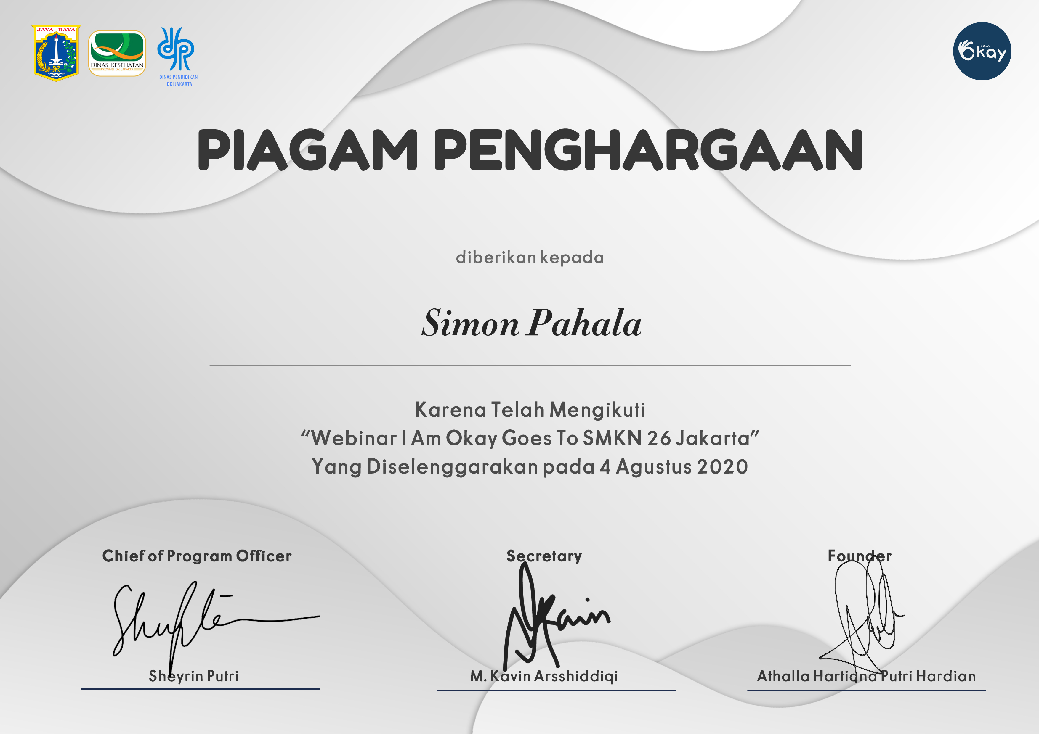 Certificate I Am Okay Simon Pahala — Postimages