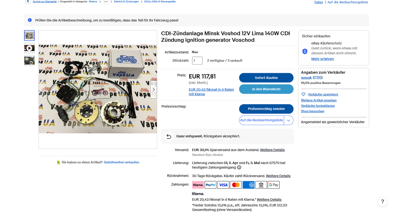 Screenshot 2024 03 18 at 13 15 38 CDI Zündanlage Minsk Voshod 12 V Lima 140 W CDI Zündung ...