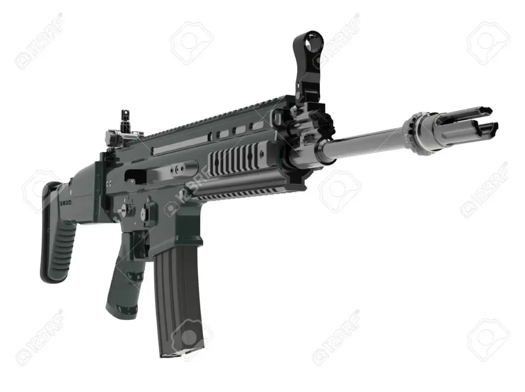 103732772 forest green modern assault rifle front view closeup shot ...
