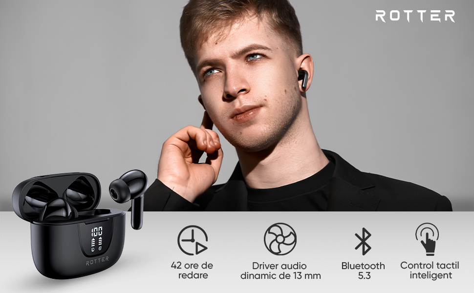 Casti Bluetooth ROTTER cu anularea zgomotului imbunatatita, Autonomie ...