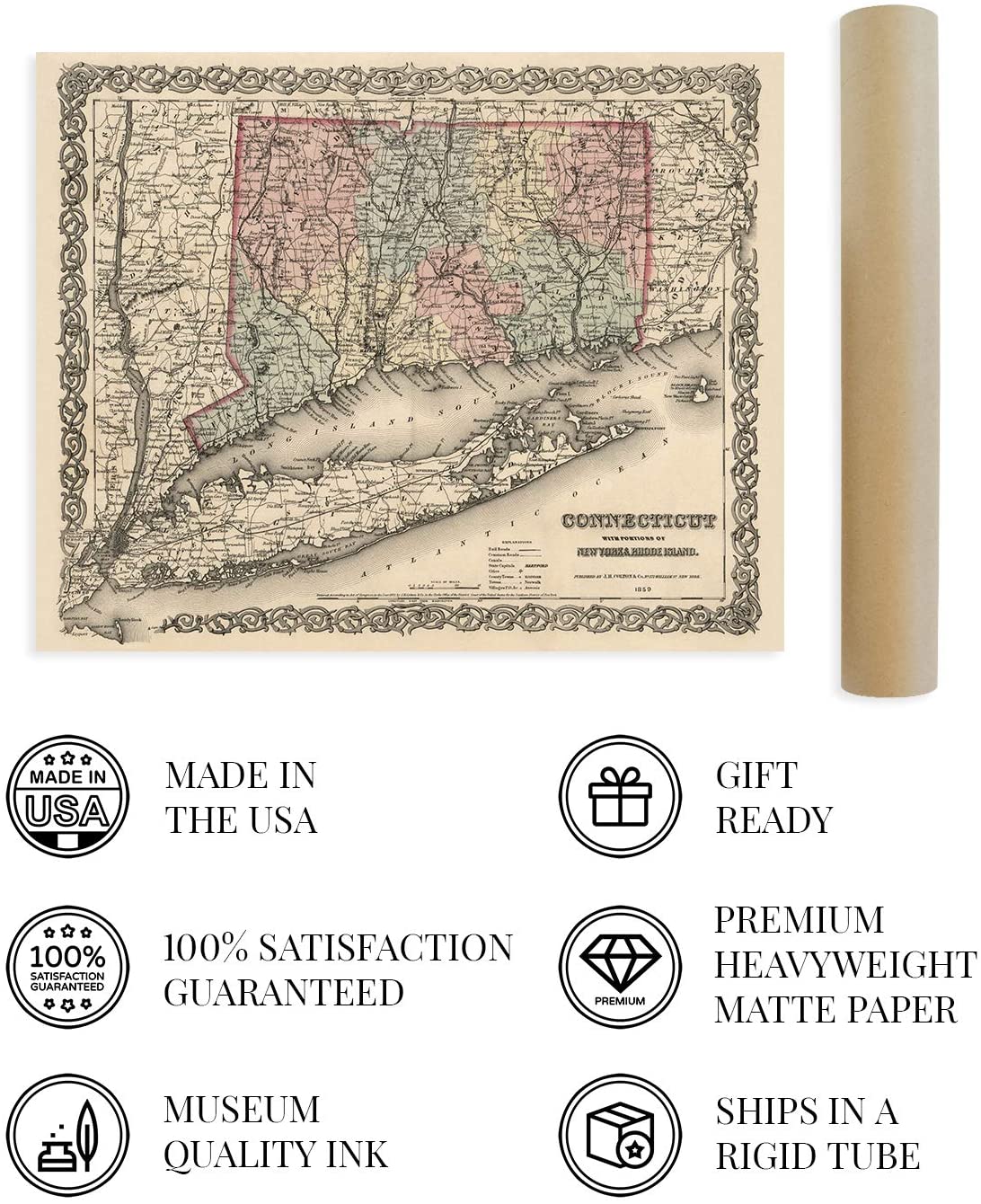 1859 Connecticut State Map - Vintage State of Connecticut Wall Art ...