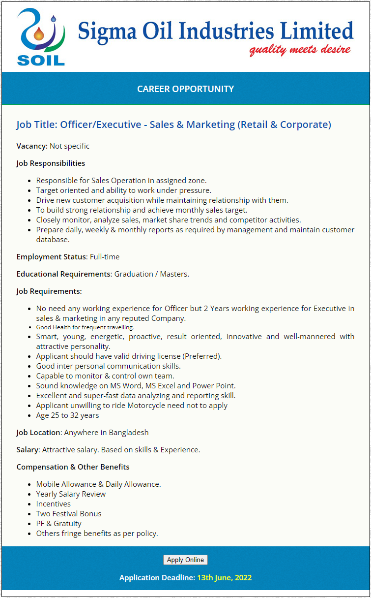 Sigma Oil Industries Ltd Job Circular 2022- sigma-oil.com online Apply ...