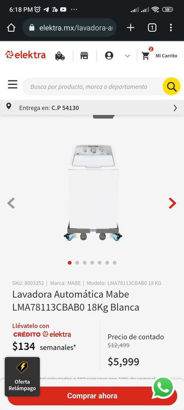 Elektra: Lavadora Automática Mabe LMA78113CBAB0 18Kg Blanca