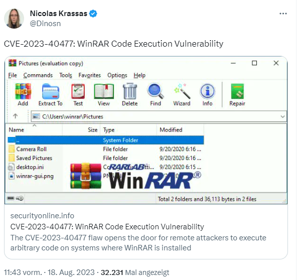 WinRAR Code Execution Vulnerability CVE-2023-40477Born's Tech and ... WinRAR Code Execution Vulnerability CVE-2023-40477Born's Tech and ...