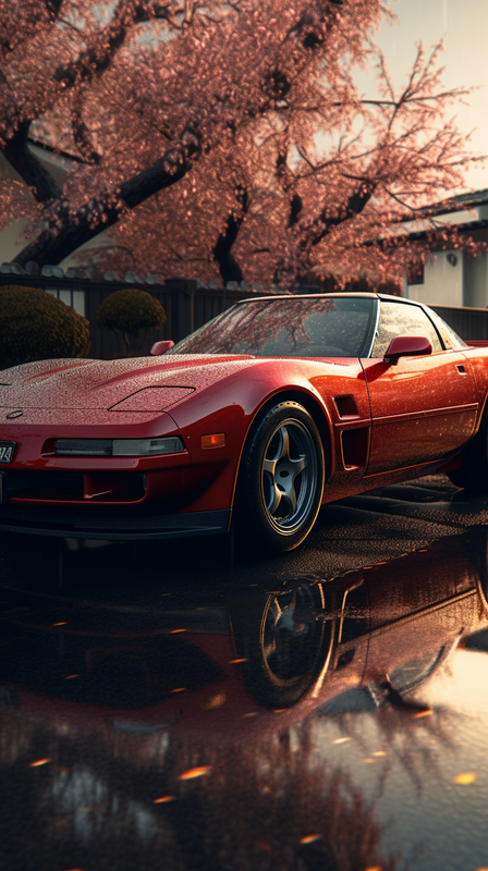 homyakny1 red c4 corvette at sunset rain cherry blossoms reflec ...