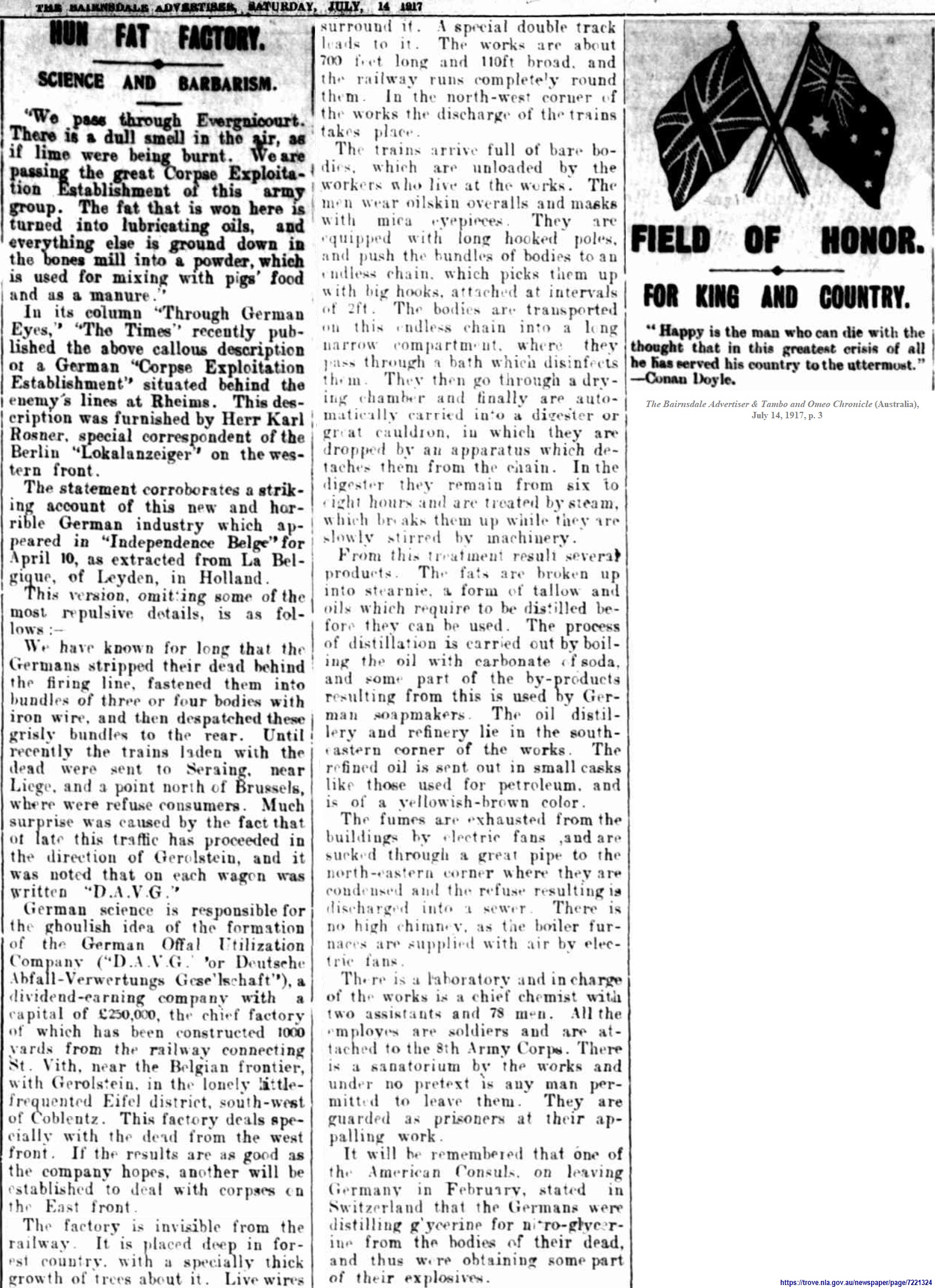 WW1 The Bairnsdale Advertiser July 1917 Corpse Factory Story Hun Fat ...