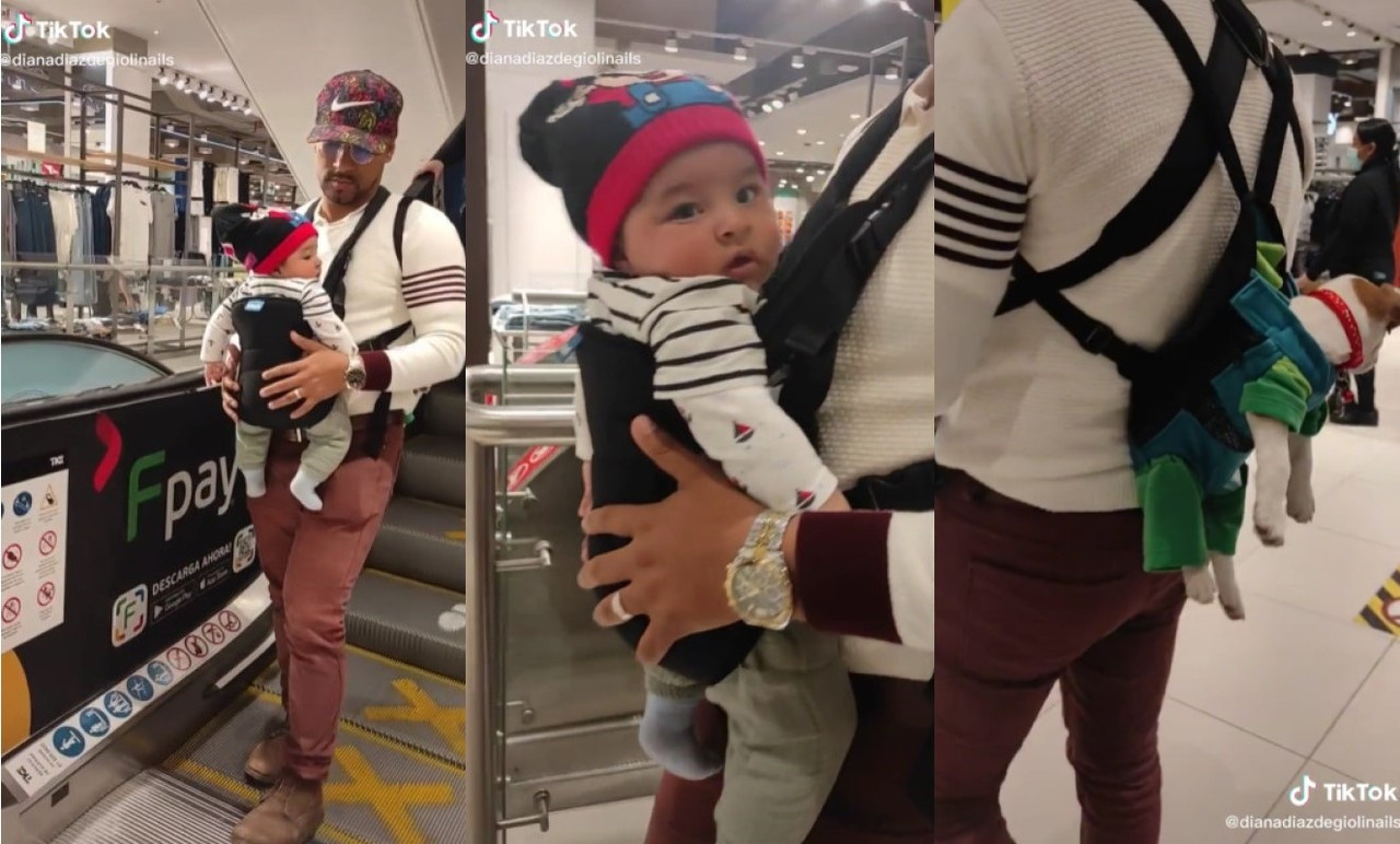 Hombre se hace viral por su cangurera, lleva a su hijo y su perrito - Imperio Noticias