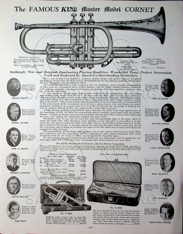 King 1933 catalog model 1065 Master Model 1 cornet — Postimages