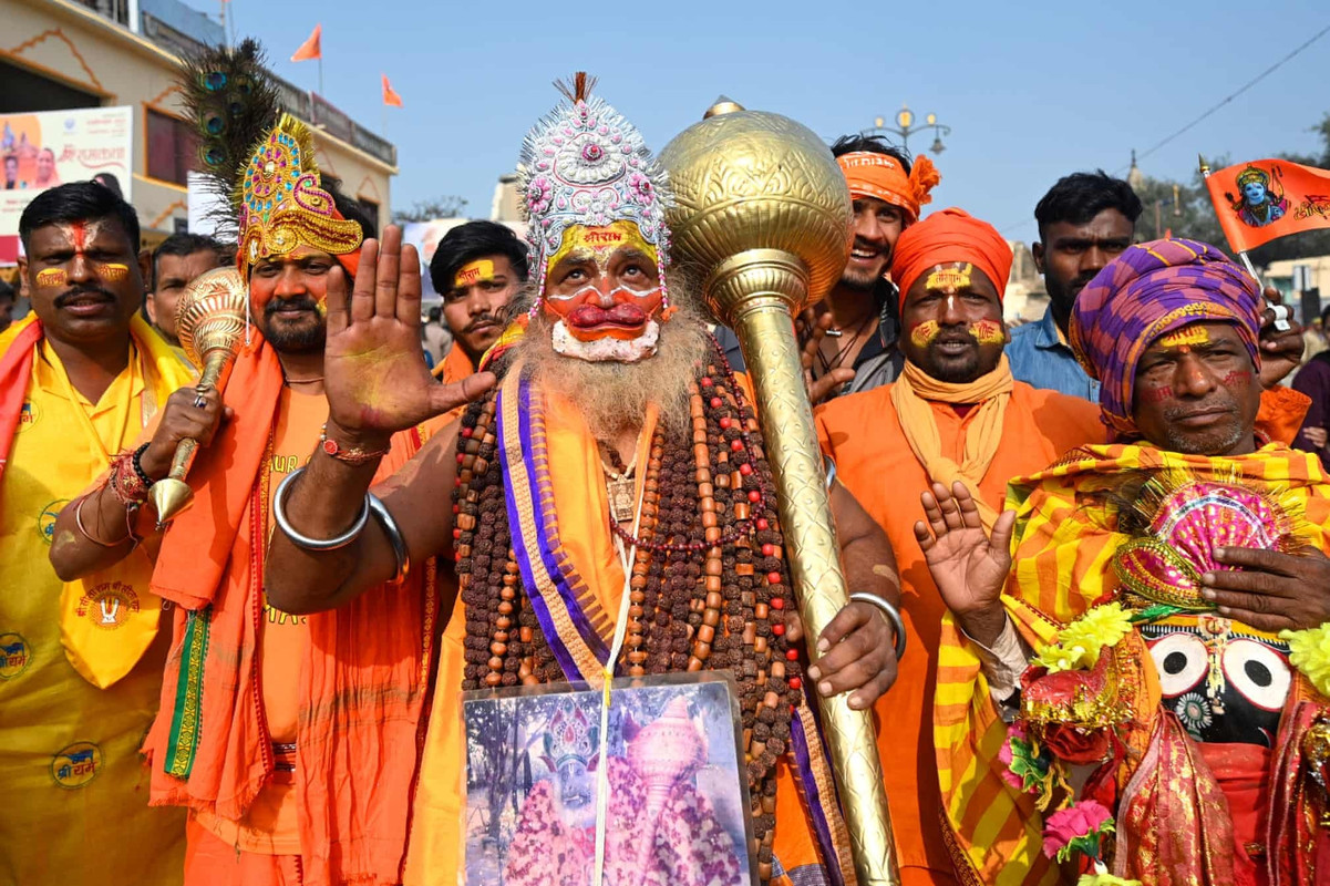 A Hindu dressed as the deity Hanuman attends Narendra Modi’s consecration of the new Ram temple ...