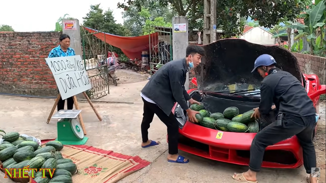 selling watermelon in a Ferrari 488 GTB
