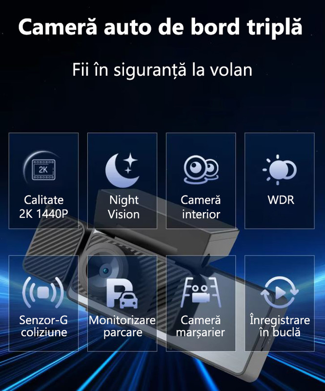 Camera Auto De Bord Tripla Mapajoy DRIVE-SAFE, 2K Full HD, GPS inclus, Wi-Fi, Unghi vizual larg ...