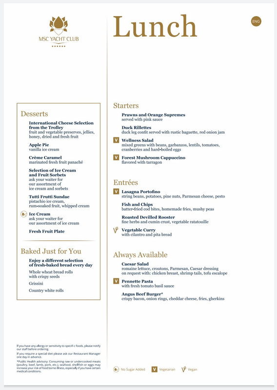 Yacht Club LUNCH Menus - MSC Cruises - Cruise Critic Community