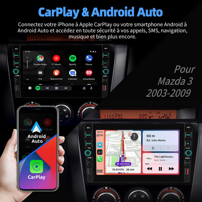 Pour Mazda 3 (2003-2009) Autoradio Android 15 CarPlay avec USB Type-C ...