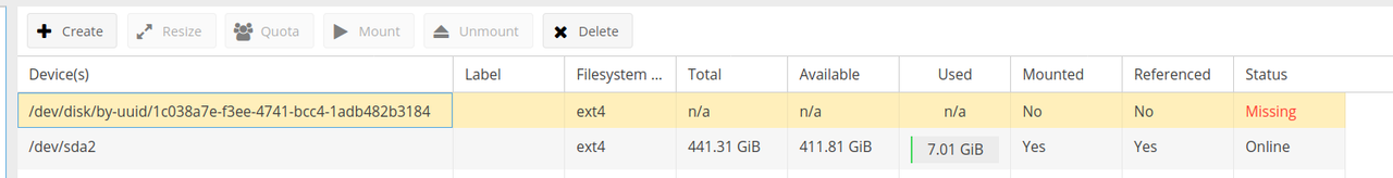 [Solved] Unable to remove "Missing" device from File Systems - General - openmediavault