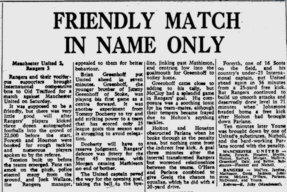 Rangers News 20th March 1974 In The Aftermath Of The Old Trafford Friendly