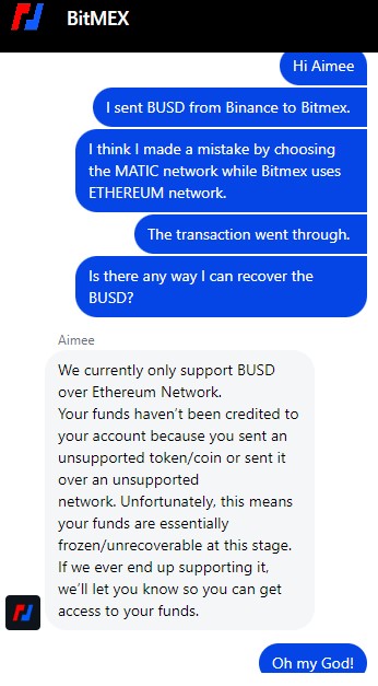 Sent BUSD from Binance using MATIC network to BITMEX (ETHEREUM NETWORK) : r/0xPolygon