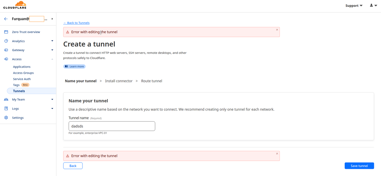 Unable to create any tunnel. cloudflared fails with `API call to create tunnel failed with ...