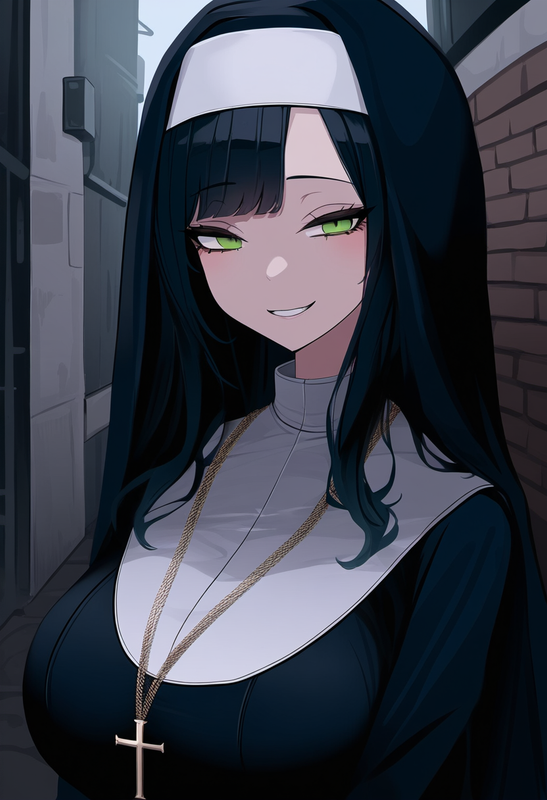 1girl, lime green eyes, sexy nun, dead eyes, deadpan eyes, grinning, black hair s 3944688402 ...