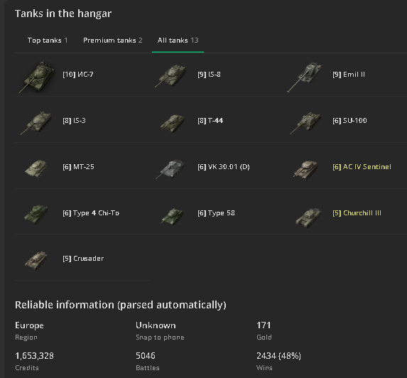 Buy r (13 tanks, 1 Top, 2 Premium): ИС-7, IS-8, Emil II, IS-3, T-44, SU ...