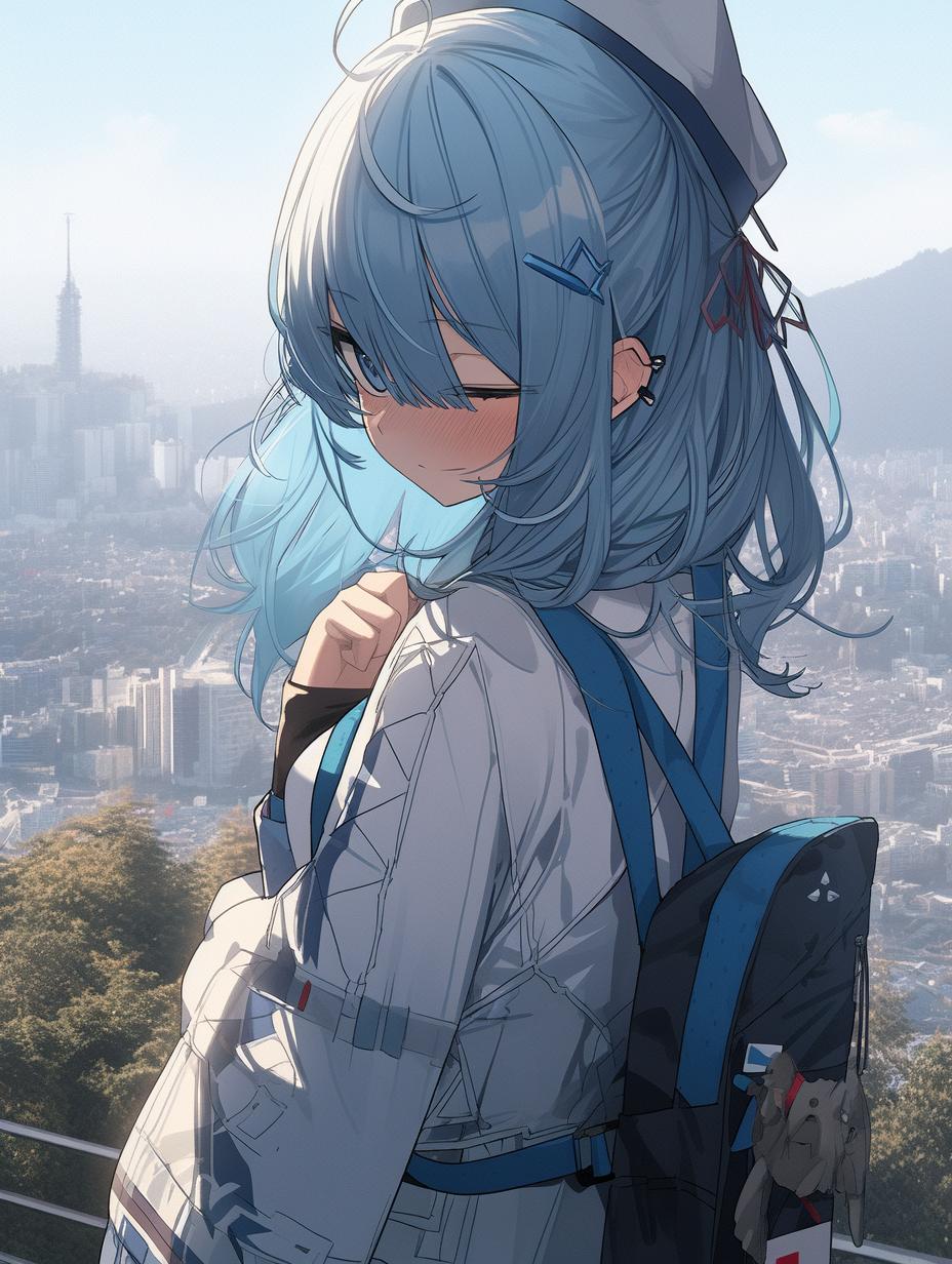 Blue haired girl standing in front of Namsan tower wide backg f2b01d75 b747 44e6 a485 ...