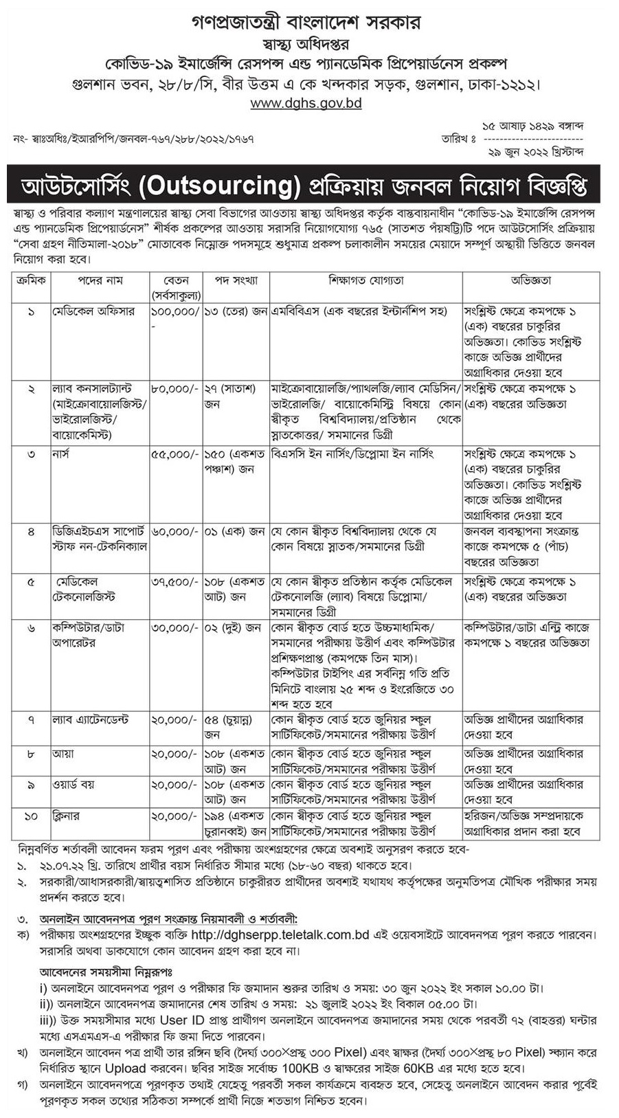 বাংলাদেশের স্বাস্থ্য অধিদপ্তর (DGHS), পদ সংখ্যাঃ ৭৬৫টি। - Chakrir Khobor
