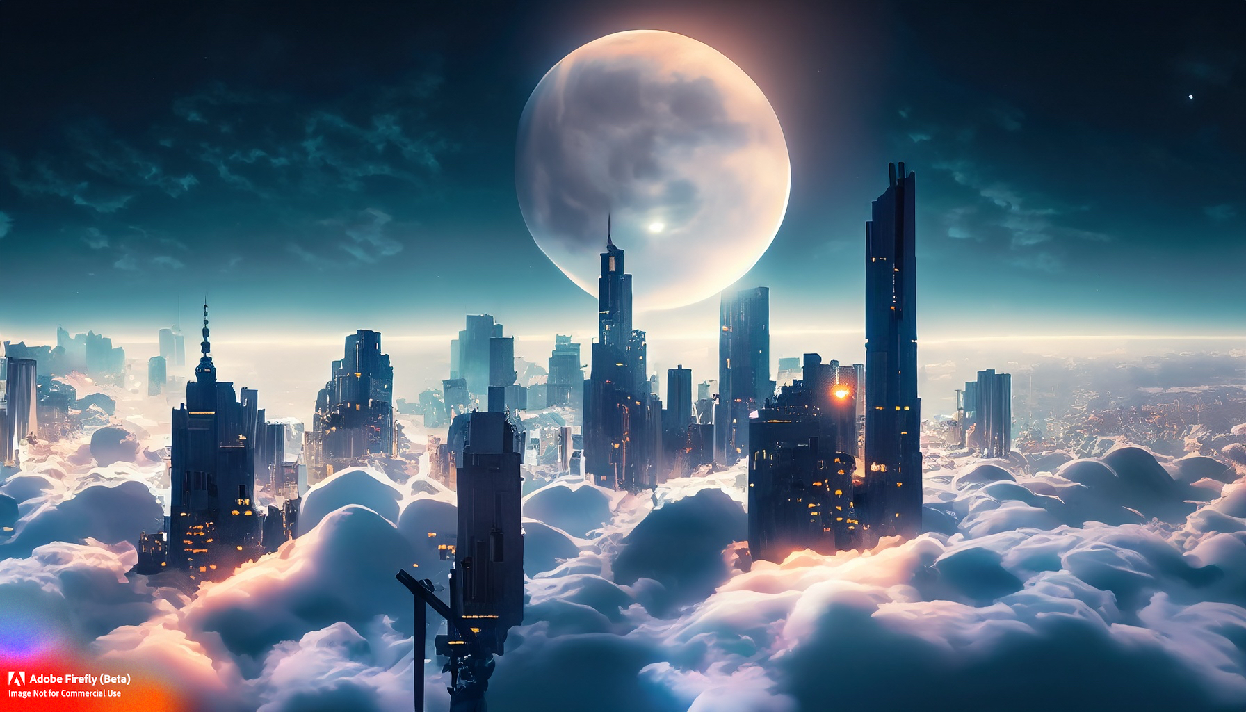 Firefly a city in the clouds with skyscrapers a night sky and in the background a big moon 94040 ...