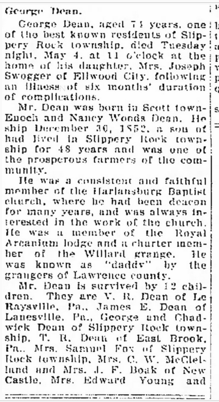 Obituary for George Dean New Castle News May 5 1926 part 1 — Postimages
